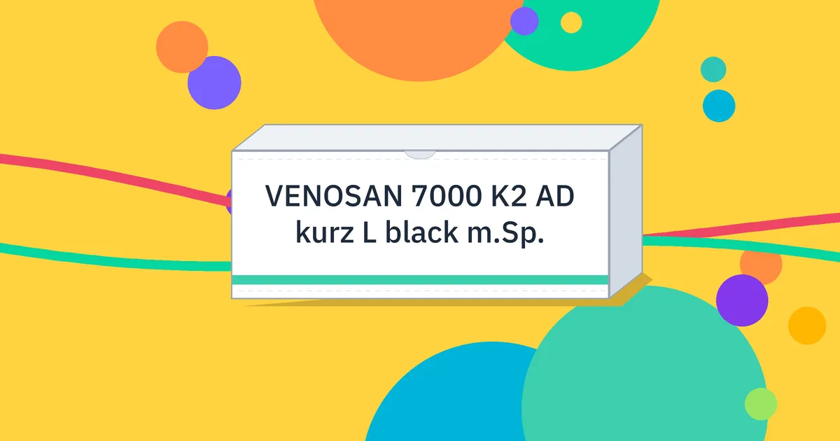 Symbolbild: Packung mit der Aufschrift VENOSAN 7000 K2 AD kurz L black m.Sp. (PZN 14435664) – Verfügbarkeit und Bezug in Apotheken in Frankfurt am Main
