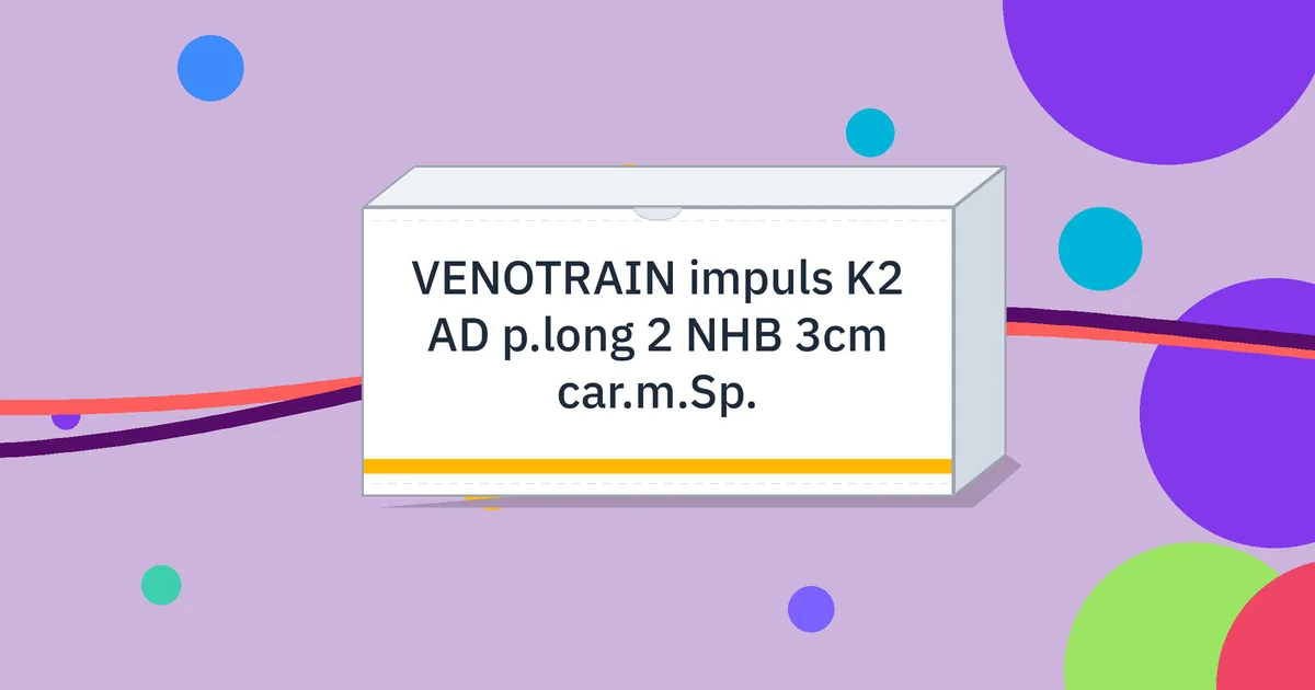 Symbolbild: Packung mit der Aufschrift VENOTRAIN impuls K2 AD p.long 2 NHB 3cm car.m.Sp. (PZN 00647960) – Verfügbarkeit und Bezug in Apotheken in Frankfurt am Main