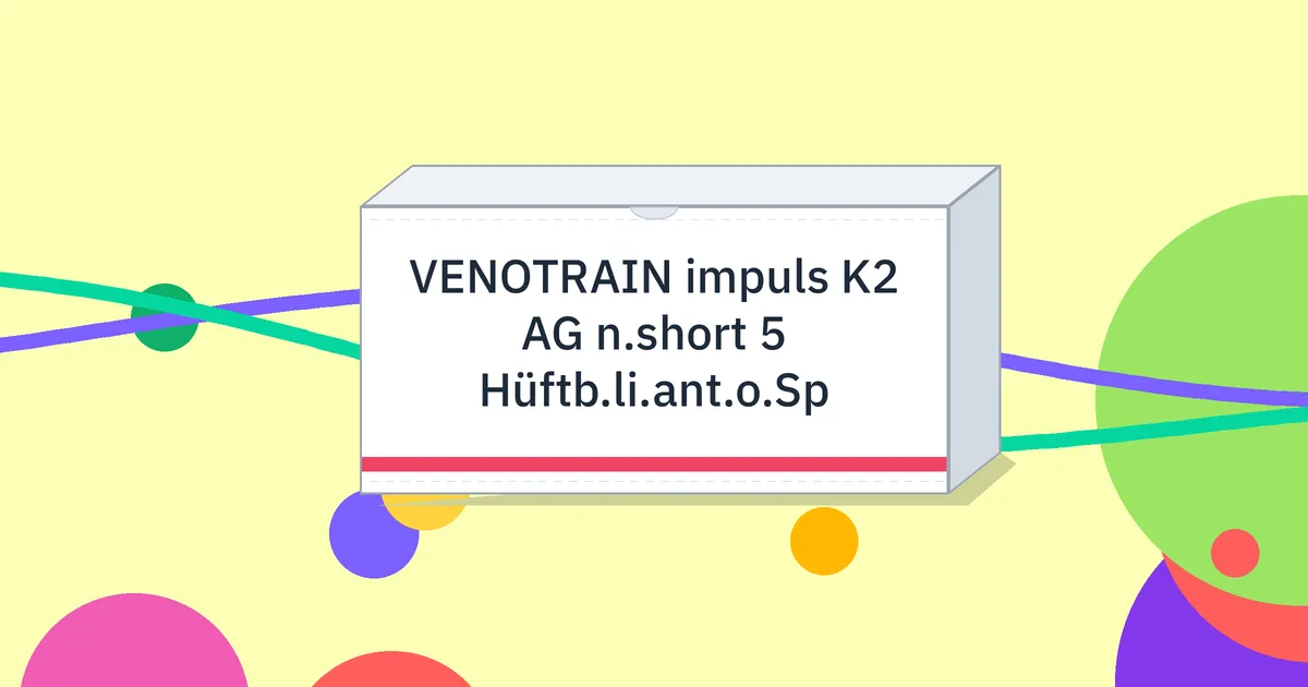 Symbolbild: Packung mit der Aufschrift VENOTRAIN impuls K2 AG n.short 5 Hüftb.li.ant.o.Sp (PZN 15219661) – Verfügbarkeit und Bezug in Apotheken in Frankfurt am Main