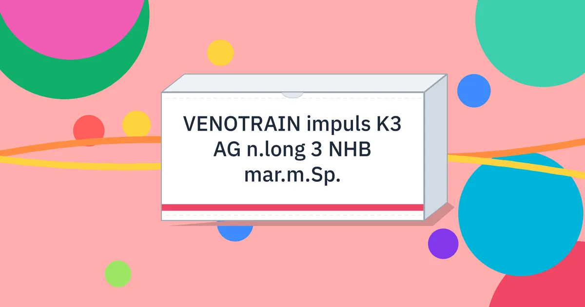 Symbolbild: Packung mit der Aufschrift VENOTRAIN impuls K3 AG n.long 3 NHB mar.m.Sp. (PZN 15215290) – Verfügbarkeit und Bezug in Apotheken in Frankfurt am Main