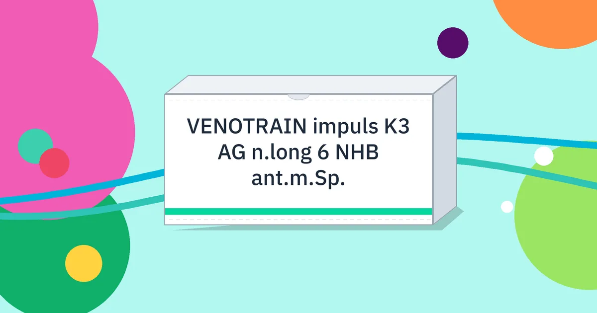Symbolbild: Packung mit der Aufschrift VENOTRAIN impuls K3 AG n.long 6 NHB ant.m.Sp. (PZN 15215930) – Verfügbarkeit und Bezug in Apotheken in Frankfurt am Main