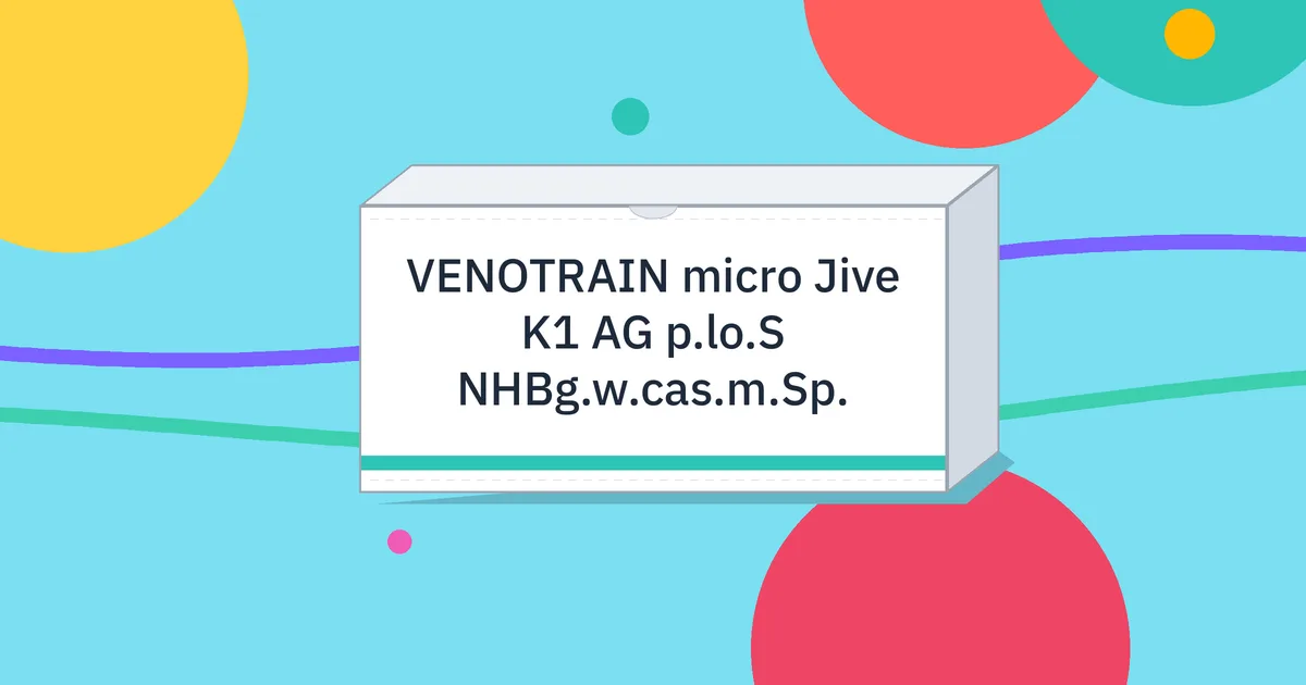 Symbolbild: Packung mit der Aufschrift VENOTRAIN micro Jive K1 AG p.lo.S NHBg.w.cas.m.Sp. (PZN 20767933) – Verfügbarkeit und Bezug in Apotheken in Frankfurt am Main