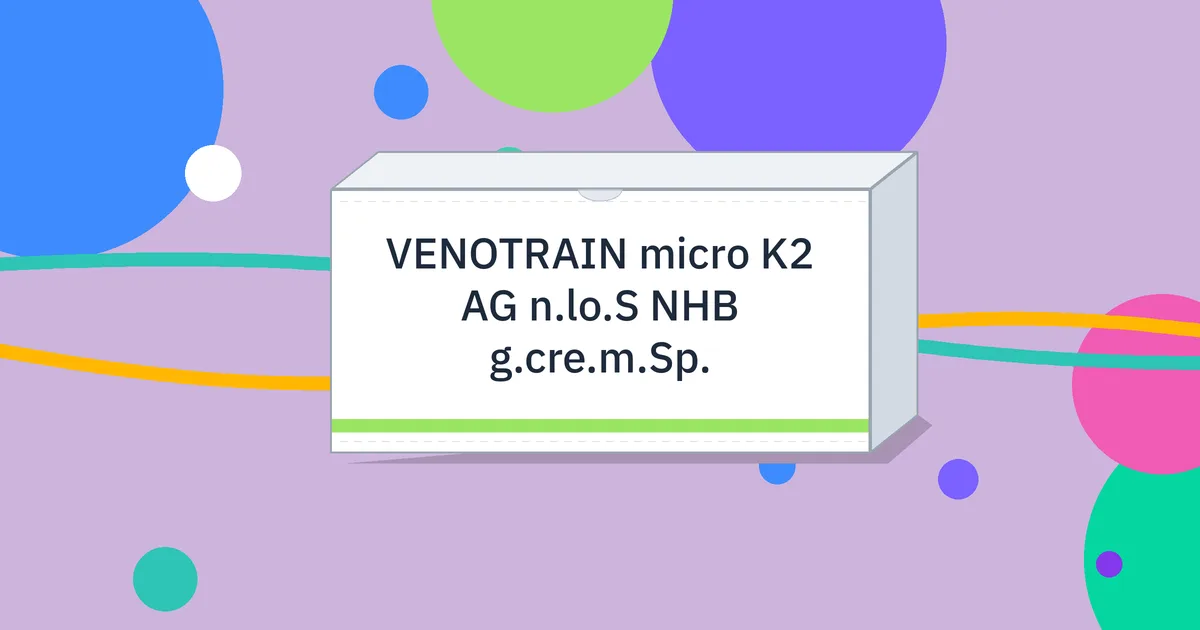 Symbolbild: Packung mit der Aufschrift VENOTRAIN micro K2 AG n.lo.S NHB g.cre.m.Sp. (PZN 05999014) – Verfügbarkeit und Bezug in Apotheken in Frankfurt am Main