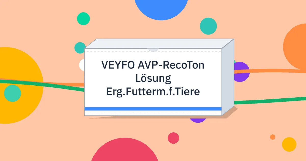 Symbolbild: Packung mit der Aufschrift VEYFO AVP-RecoTon Lösung Erg.Futterm.f.Tiere (PZN 18378621) – Verfügbarkeit und Bezug in Apotheken in Frankfurt am Main