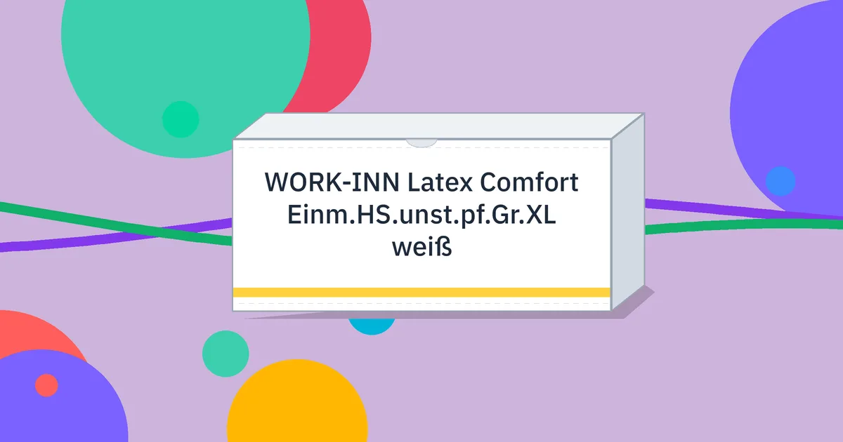 Symbolbild: Packung mit der Aufschrift WORK-INN Latex Comfort Einm.HS.unst.pf.Gr.XL weiß (PZN 19357360) – Verfügbarkeit und Bezug in Apotheken in Frankfurt am Main