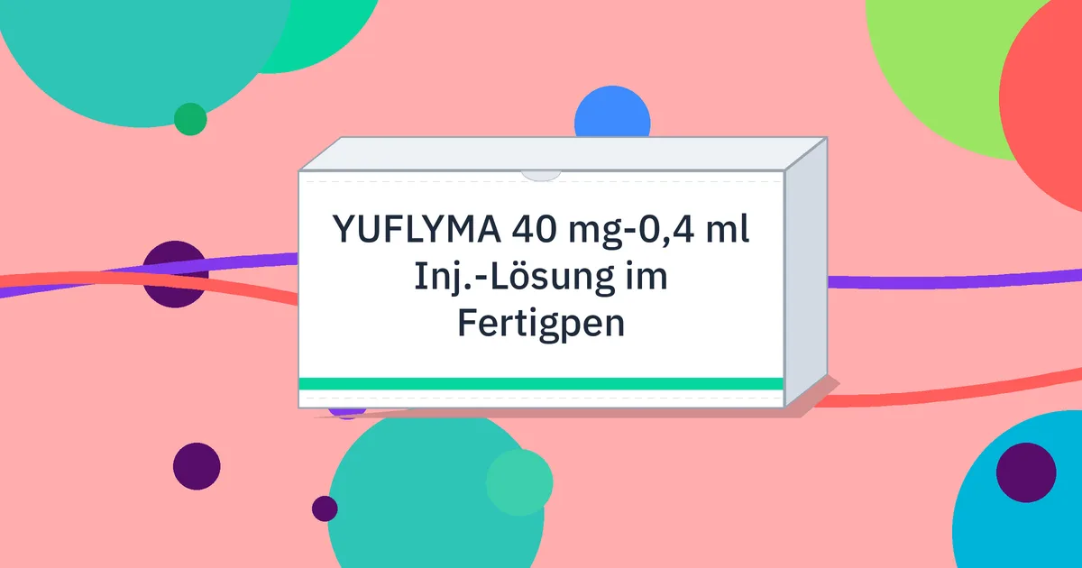 Symbolbild: Packung mit der Aufschrift YUFLYMA 40 mg-0,4 ml Inj.-Lösung im Fertigpen (PZN 17896466) – Verfügbarkeit und Bezug in Apotheken in Frankfurt am Main
