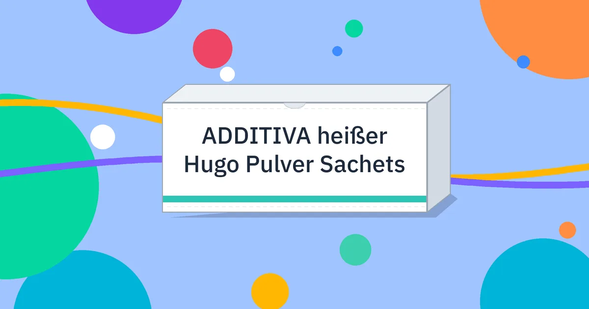 Symbolbild: Packung mit der Aufschrift ADDITIVA heißer Hugo Pulver Sachets (PZN 18448244) – Verfügbarkeit und Bezug in Apotheken in Frankfurt am Main