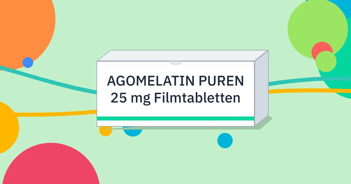 Symbolbild: Packung mit der Aufschrift AGOMELATIN PUREN 25 mg Filmtabletten (PZN 14273227) – Verfügbarkeit und Bezug in Apotheken in Frankfurt am Main