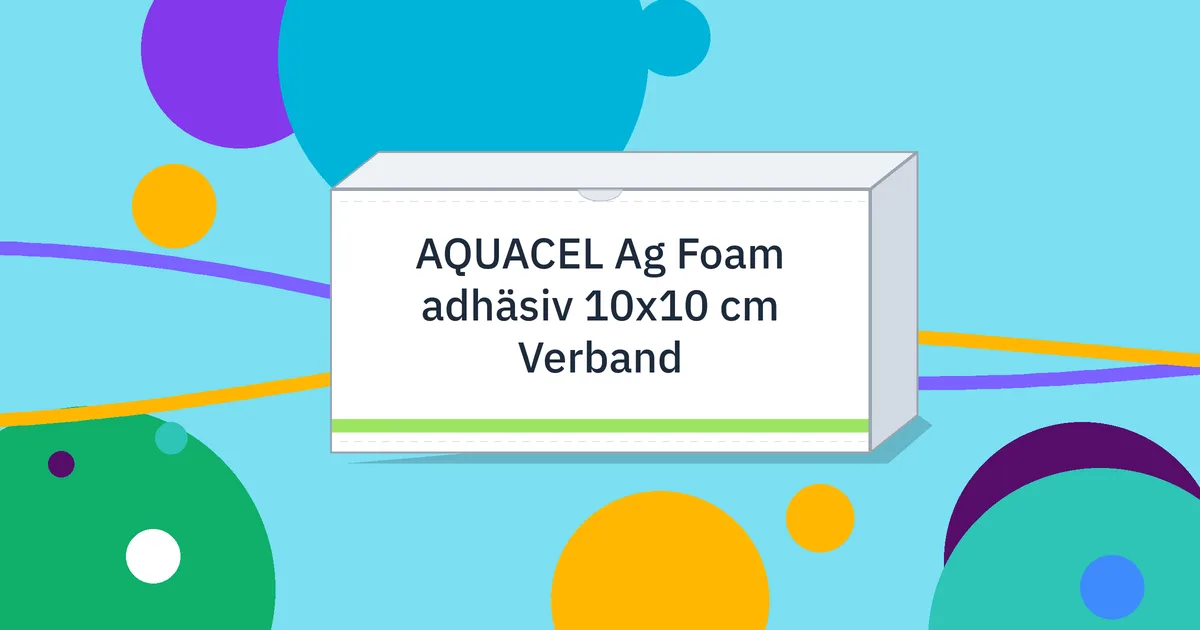 Symbolbild: Packung mit der Aufschrift AQUACEL Ag Foam adhäsiv 10x10 cm Verband (PZN 18123482) – Verfügbarkeit und Bezug in Apotheken in Frankfurt am Main