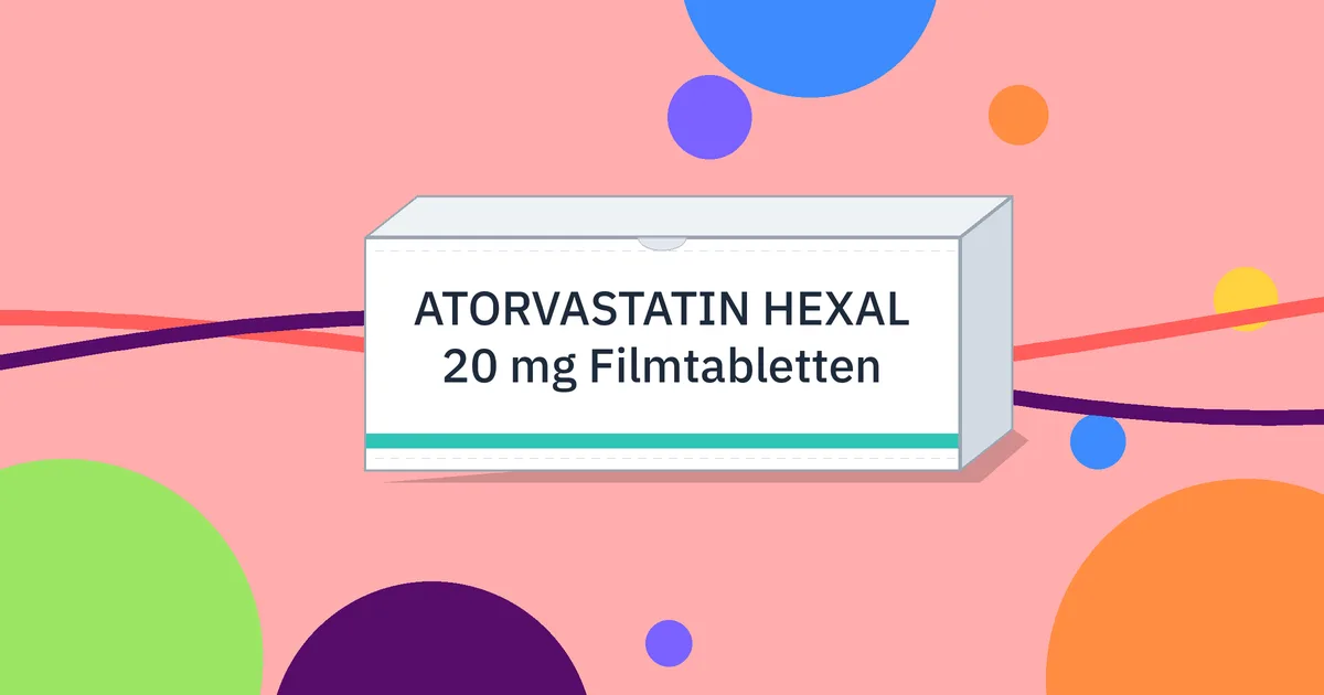 Symbolbild: Packung mit der Aufschrift ATORVASTATIN HEXAL 20 mg Filmtabletten (PZN 09122609) – Verfügbarkeit und Bezug in Apotheken in Frankfurt am Main