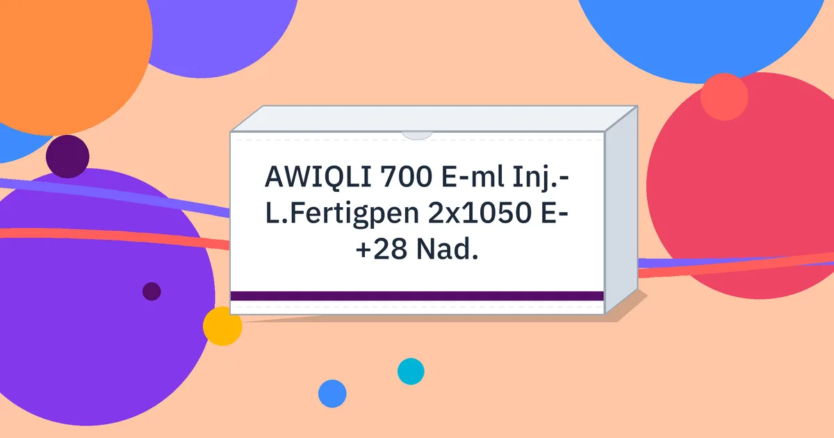 Symbolbild: Packung mit der Aufschrift AWIQLI 700 E-ml Inj.-L.Fertigpen 2x1050 E-+28 Nad. (PZN 19373620) – Verfügbarkeit und Bezug in Apotheken in Frankfurt am Main