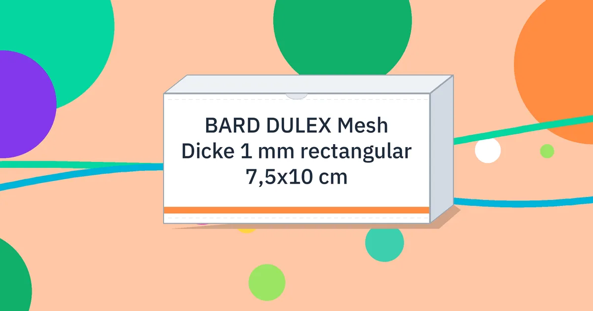 Symbolbild: Packung mit der Aufschrift BARD DULEX Mesh Dicke 1 mm rectangular 7,5x10 cm (PZN 03750799) – Verfügbarkeit und Bezug in Apotheken in Frankfurt am Main