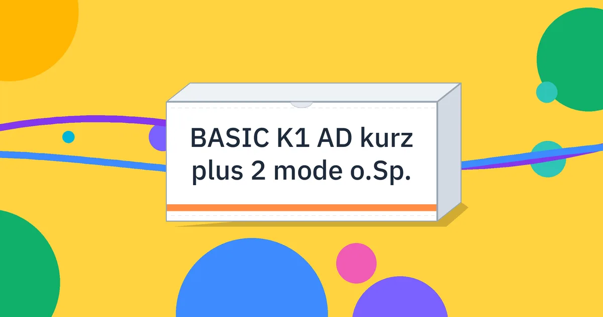 Symbolbild: Packung mit der Aufschrift BASIC K1 AD kurz plus 2 mode o.Sp. (PZN 20257681) – Verfügbarkeit und Bezug in Apotheken in Frankfurt am Main