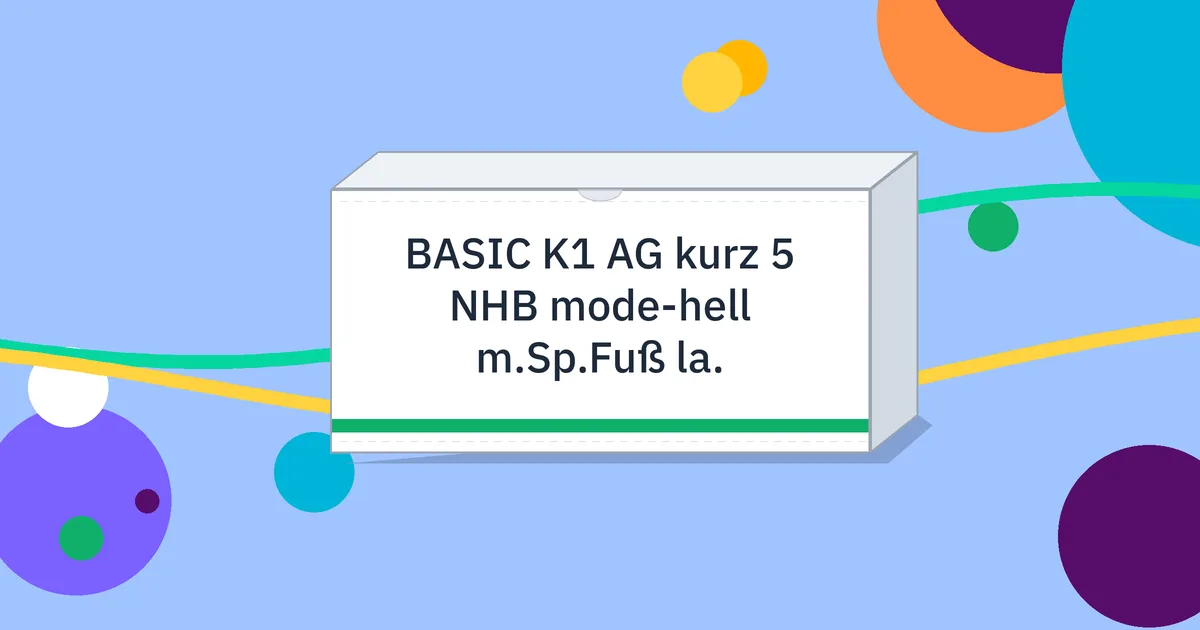 Symbolbild: Packung mit der Aufschrift BASIC K1 AG kurz 5 NHB mode-hell m.Sp.Fuß la. (PZN 20261398) – Verfügbarkeit und Bezug in Apotheken in Frankfurt am Main