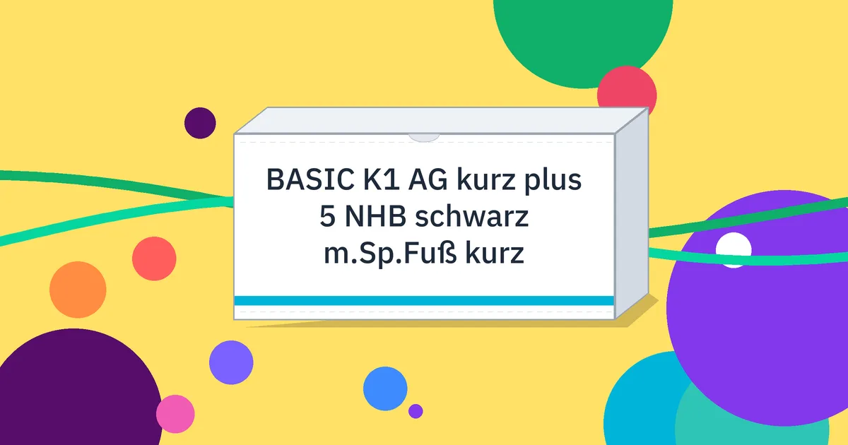 Symbolbild: Packung mit der Aufschrift BASIC K1 AG kurz plus 5 NHB schwarz m.Sp.Fuß kurz (PZN 20261300) – Verfügbarkeit und Bezug in Apotheken in Frankfurt am Main