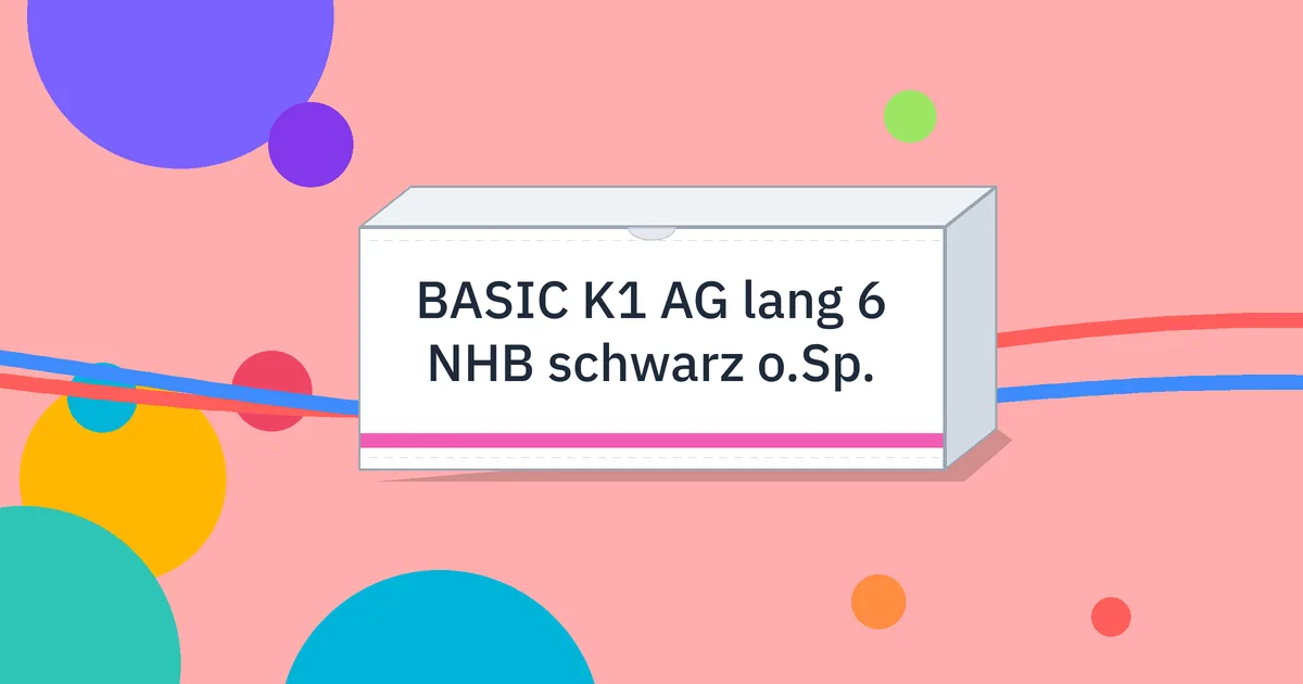 Symbolbild: Packung mit der Aufschrift BASIC K1 AG lang 6 NHB schwarz o.Sp. (PZN 20261613) – Verfügbarkeit und Bezug in Apotheken in Frankfurt am Main