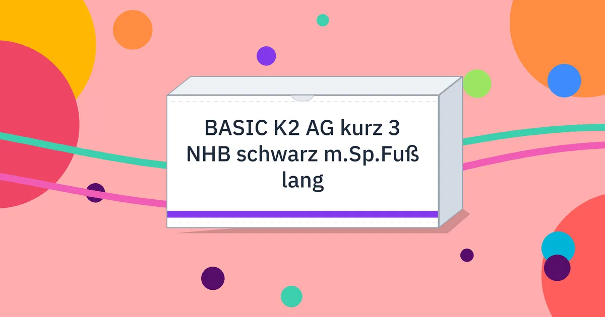 Symbolbild: Packung mit der Aufschrift BASIC K2 AG kurz 3 NHB schwarz m.Sp.Fuß lang (PZN 20266987) – Verfügbarkeit und Bezug in Apotheken in Frankfurt am Main
