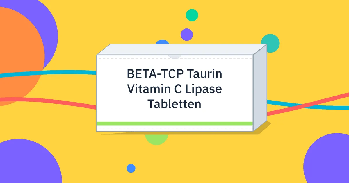 Symbolbild: Packung mit der Aufschrift BETA-TCP Taurin Vitamin C Lipase Tabletten (PZN 16827173) – Verfügbarkeit und Bezug in Apotheken in Frankfurt am Main