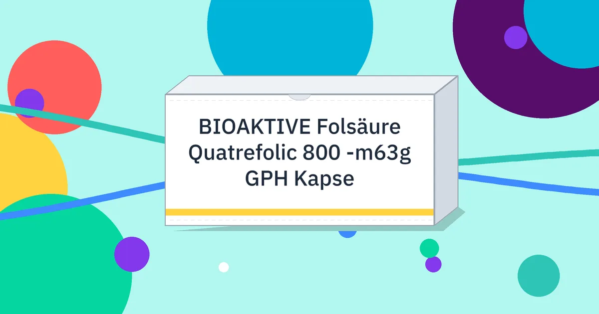 Symbolbild: Packung mit der Aufschrift BIOAKTIVE Folsäure Quatrefolic 800 -m63g GPH Kapse (PZN 18310379) – Verfügbarkeit und Bezug in Apotheken in Frankfurt am Main