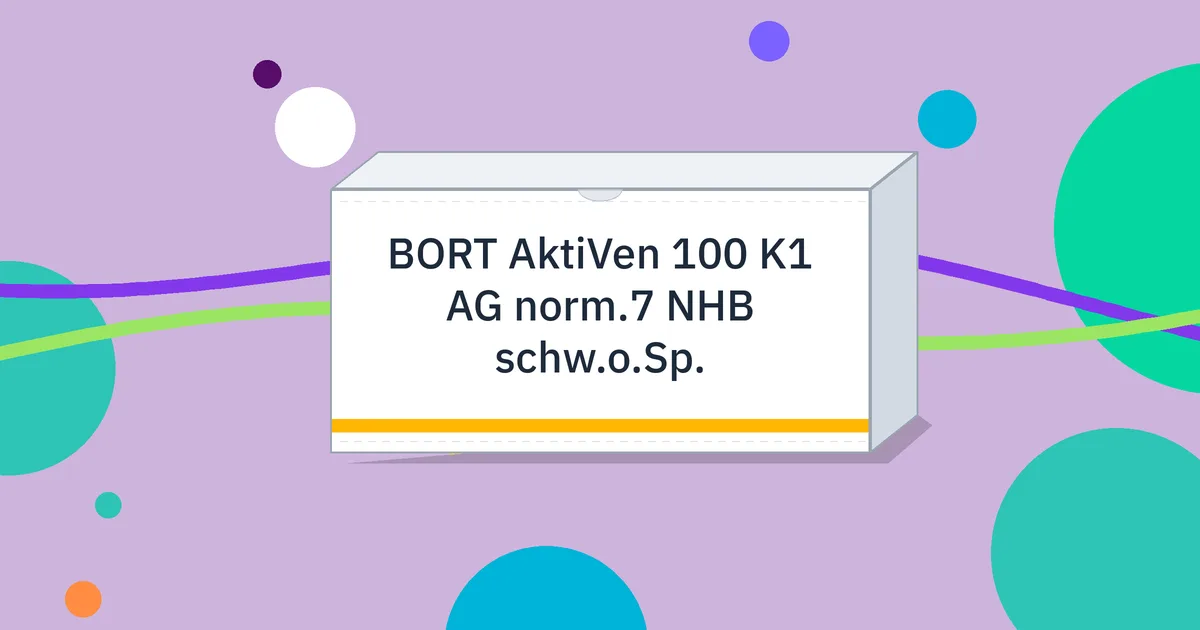 Symbolbild: Packung mit der Aufschrift BORT AktiVen 100 K1 AG norm.7 NHB schw.o.Sp. (PZN 14387600) – Verfügbarkeit und Bezug in Apotheken in Frankfurt am Main