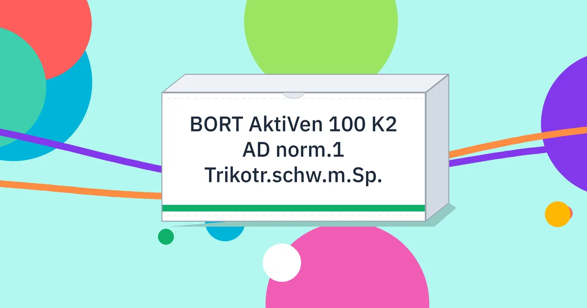 Symbolbild: Packung mit der Aufschrift BORT AktiVen 100 K2 AD norm.1 Trikotr.schw.m.Sp. (PZN 14386687) – Verfügbarkeit und Bezug in Apotheken in Frankfurt am Main