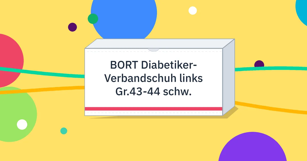 Symbolbild: Packung mit der Aufschrift BORT Diabetiker-Verbandschuh links Gr.43-44 schw. (PZN 11581230) – Verfügbarkeit und Bezug in Apotheken in Frankfurt am Main
