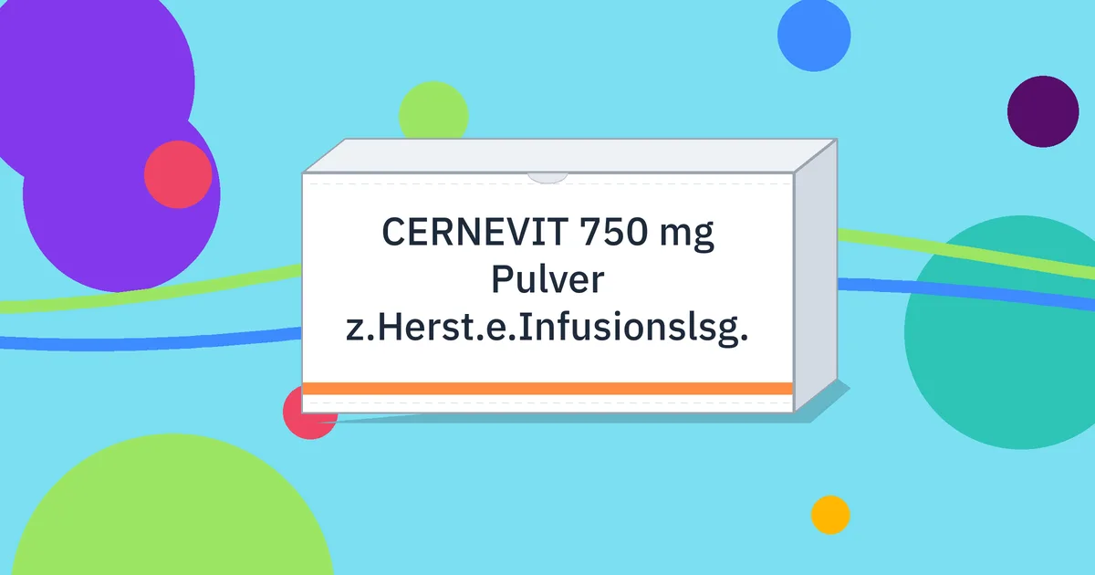 Symbolbild: Packung mit der Aufschrift CERNEVIT 750 mg Pulver z.Herst.e.Infusionslsg. (PZN 14243551) – Verfügbarkeit und Bezug in Apotheken in Frankfurt am Main