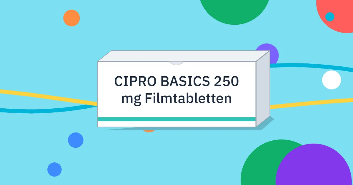 Symbolbild: Packung mit der Aufschrift CIPRO BASICS 250 mg Filmtabletten (PZN 02709122) – Verfügbarkeit und Bezug in Apotheken in Frankfurt am Main