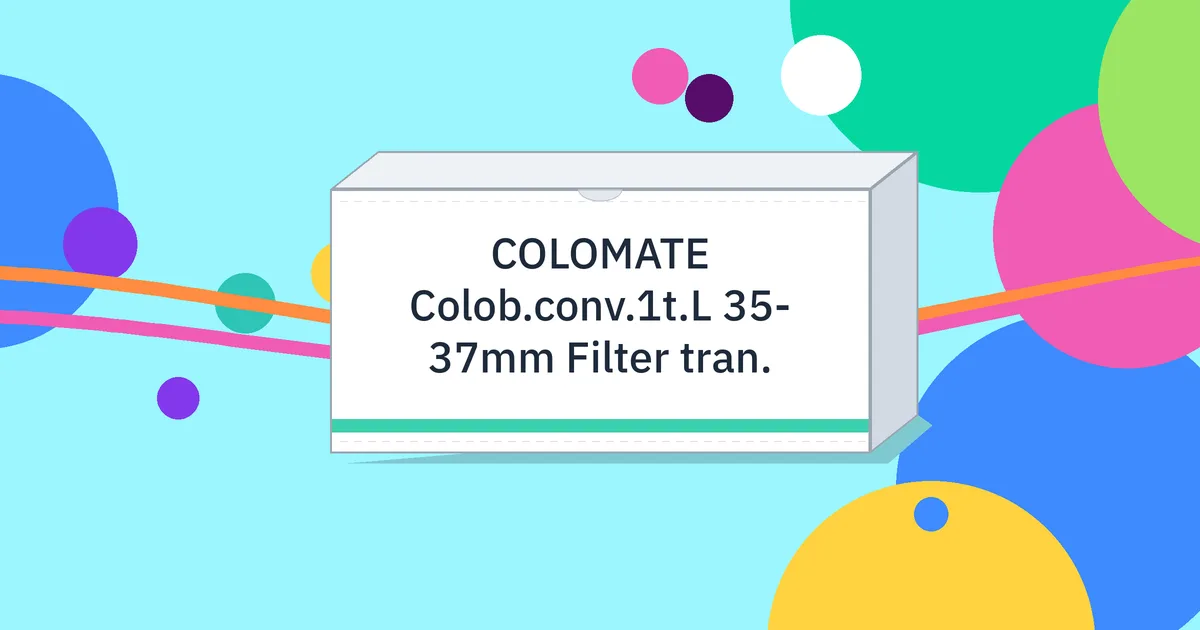 Symbolbild: Packung mit der Aufschrift COLOMATE Colob.conv.1t.L 35-37mm Filter tran. (PZN 09713405) – Verfügbarkeit und Bezug in Apotheken in Frankfurt am Main