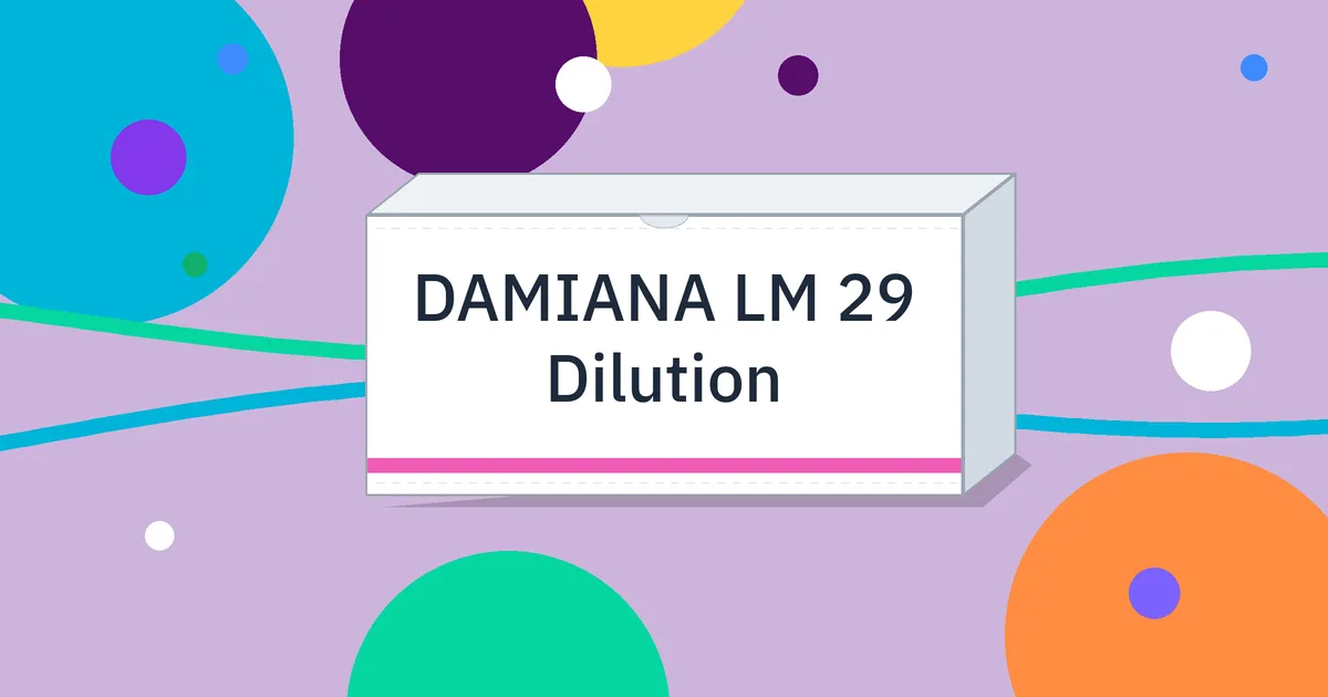 Symbolbild: Packung mit der Aufschrift DAMIANA LM 29 Dilution (PZN 13461205) – Verfügbarkeit und Bezug in Apotheken in Frankfurt am Main