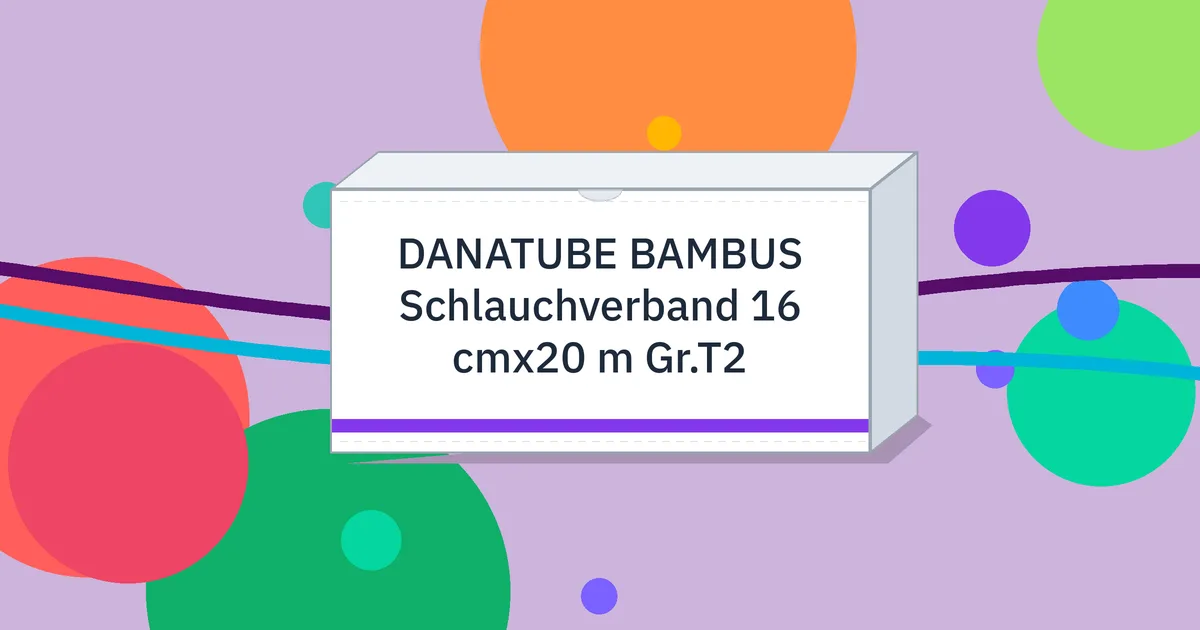 Symbolbild: Packung mit der Aufschrift DANATUBE BAMBUS Schlauchverband 16 cmx20 m Gr.T2 (PZN 18368427) – Verfügbarkeit und Bezug in Apotheken in Frankfurt am Main