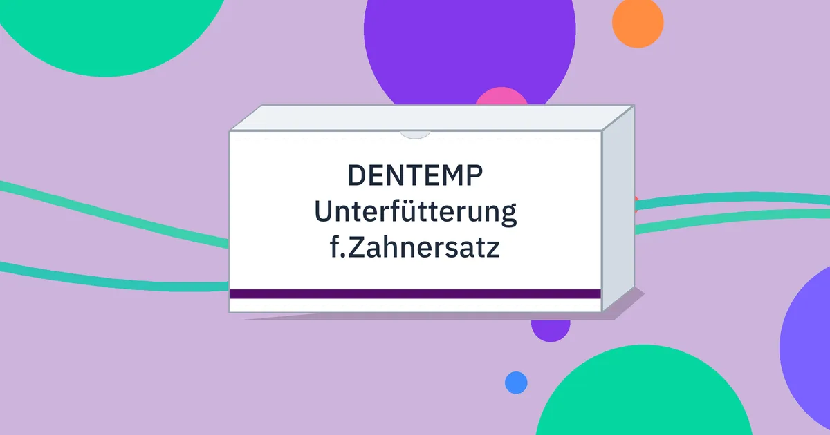 Symbolbild: Packung mit der Aufschrift DENTEMP Unterfütterung f.Zahnersatz (PZN 16780247) – Verfügbarkeit und Bezug in Apotheken in Frankfurt am Main