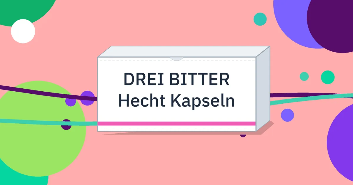 Symbolbild: Packung mit der Aufschrift DREI BITTER Hecht Kapseln (PZN 07603888) – Verfügbarkeit und Bezug in Apotheken in Frankfurt am Main