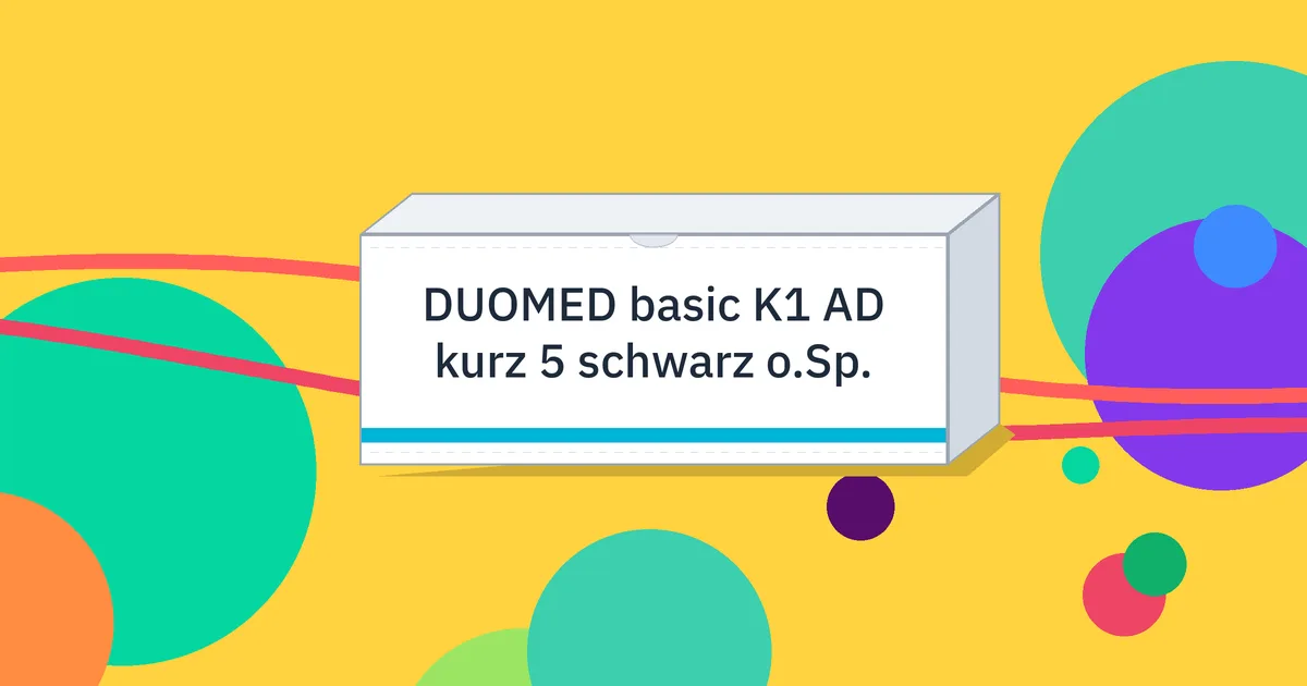 Symbolbild: Packung mit der Aufschrift DUOMED basic K1 AD kurz 5 schwarz o.Sp. (PZN 20904092) – Verfügbarkeit und Bezug in Apotheken in Frankfurt am Main