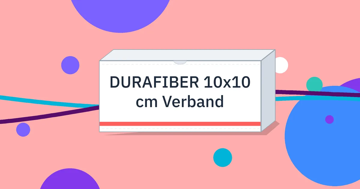 Symbolbild: Packung mit der Aufschrift DURAFIBER 10x10 cm Verband (PZN 00283156) – Verfügbarkeit und Bezug in Apotheken in Frankfurt am Main