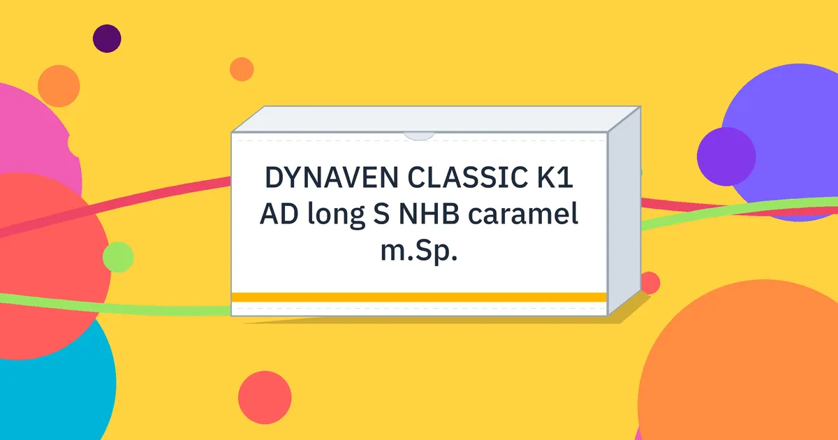 Symbolbild: Packung mit der Aufschrift DYNAVEN CLASSIC K1 AD long S NHB caramel m.Sp. (PZN 18415167) – Verfügbarkeit und Bezug in Apotheken in Frankfurt am Main