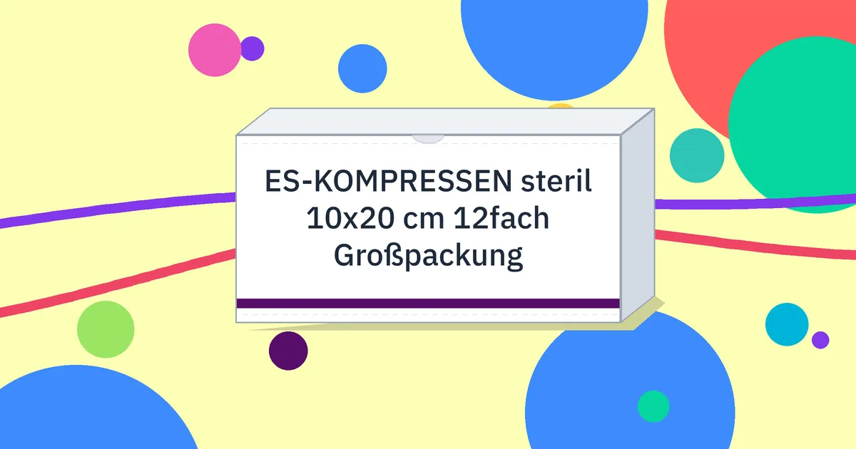 Symbolbild: Packung mit der Aufschrift ES-KOMPRESSEN steril 10x20 cm 12fach Großpackung (PZN 18777657) – Verfügbarkeit und Bezug in Apotheken in Frankfurt am Main