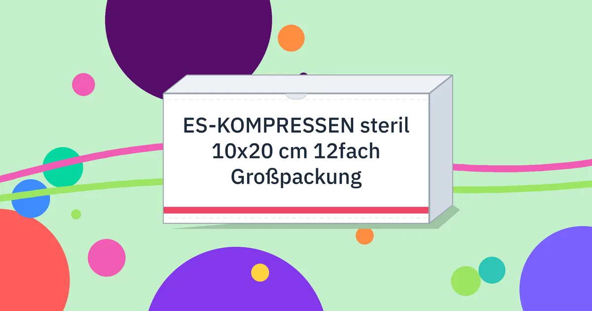 Symbolbild: Packung mit der Aufschrift ES-KOMPRESSEN steril 10x20 cm 12fach Großpackung (PZN 19346787) – Verfügbarkeit und Bezug in Apotheken in Frankfurt am Main