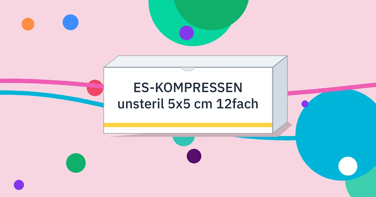 Symbolbild: Packung mit der Aufschrift ES-KOMPRESSEN unsteril 5x5 cm 12fach (PZN 18672898) – Verfügbarkeit und Bezug in Apotheken in Frankfurt am Main