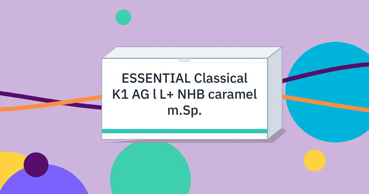 Symbolbild: Packung mit der Aufschrift ESSENTIAL Classical K1 AG l L+ NHB caramel m.Sp. (PZN 17009910) – Verfügbarkeit und Bezug in Apotheken in Frankfurt am Main