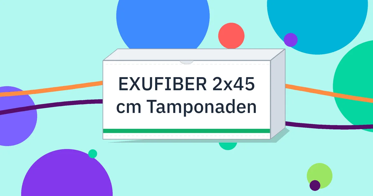 Symbolbild: Packung mit der Aufschrift EXUFIBER 2x45 cm Tamponaden (PZN 16261665) – Verfügbarkeit und Bezug in Apotheken in Frankfurt am Main