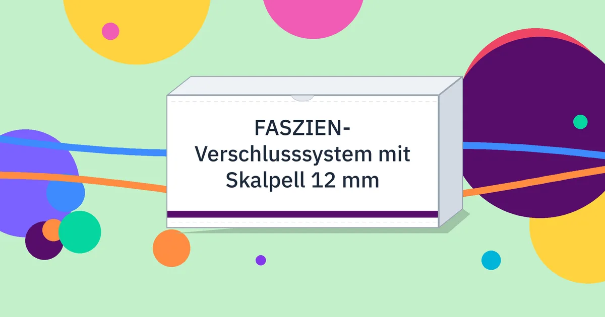 Symbolbild: Packung mit der Aufschrift FASZIEN-Verschlusssystem mit Skalpell 12 mm (PZN 18257952) – Verfügbarkeit und Bezug in Apotheken in Frankfurt am Main