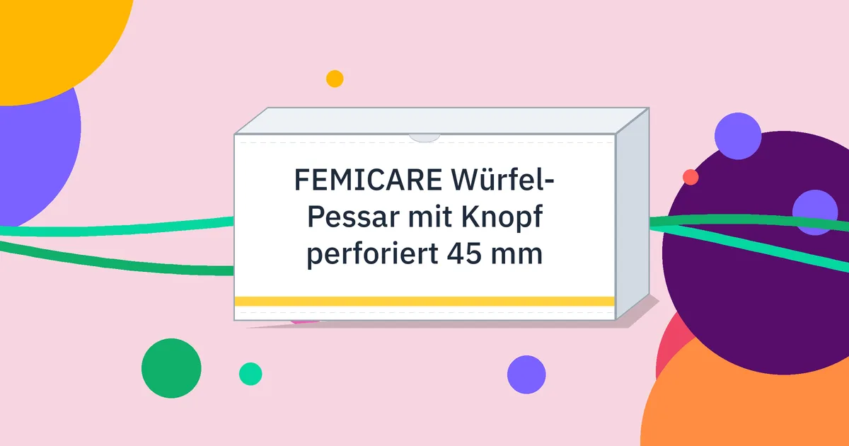 Symbolbild: Packung mit der Aufschrift FEMICARE Würfel-Pessar mit Knopf perforiert 45 mm (PZN 19335944) – Verfügbarkeit und Bezug in Apotheken in Frankfurt am Main