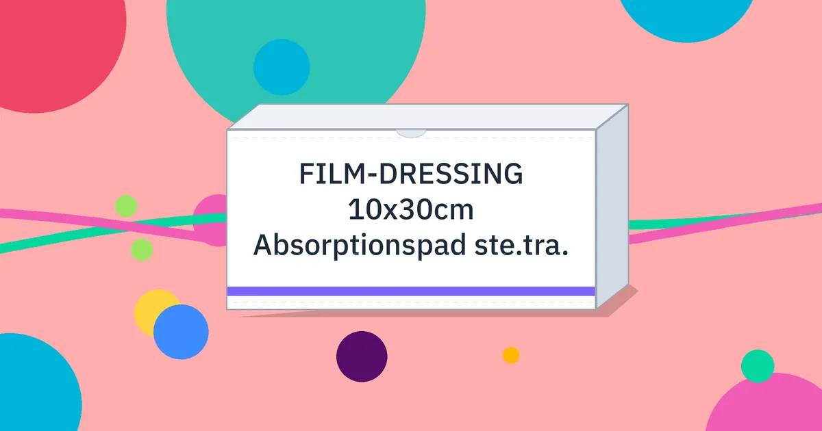 Symbolbild: Packung mit der Aufschrift FILM-DRESSING 10x30cm Absorptionspad ste.tra. (PZN 19508988) – Verfügbarkeit und Bezug in Apotheken in Frankfurt am Main
