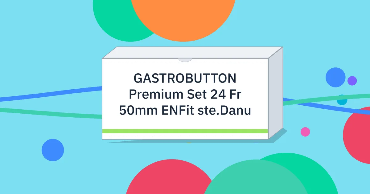 Symbolbild: Packung mit der Aufschrift GASTROBUTTON Premium Set 24 Fr 50mm ENFit ste.Danu (PZN 16884225) – Verfügbarkeit und Bezug in Apotheken in Frankfurt am Main