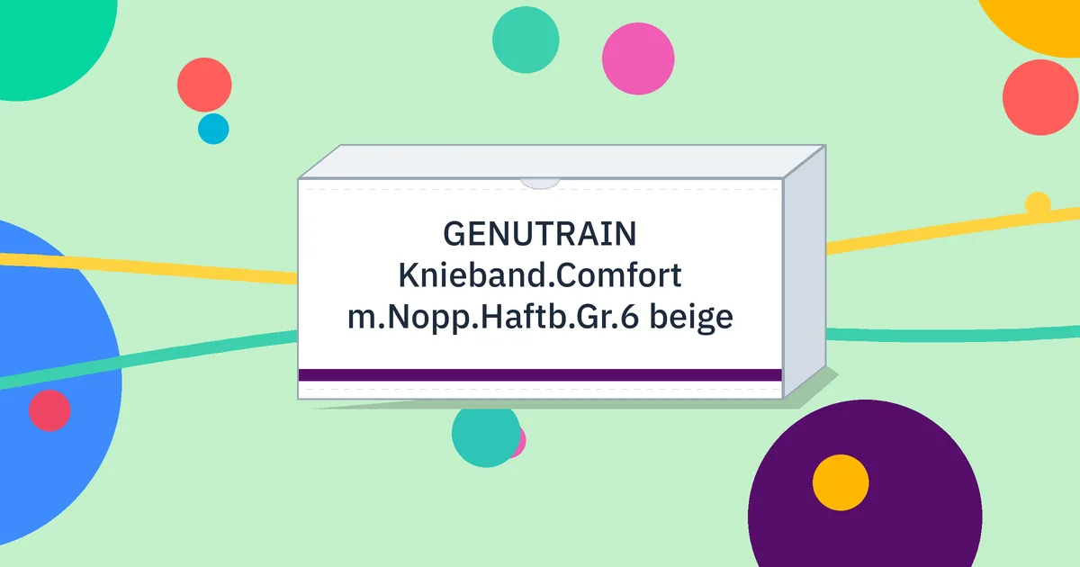 Symbolbild: Packung mit der Aufschrift GENUTRAIN Knieband.Comfort m.Nopp.Haftb.Gr.6 beige (PZN 20040042) – Verfügbarkeit und Bezug in Apotheken in Frankfurt am Main