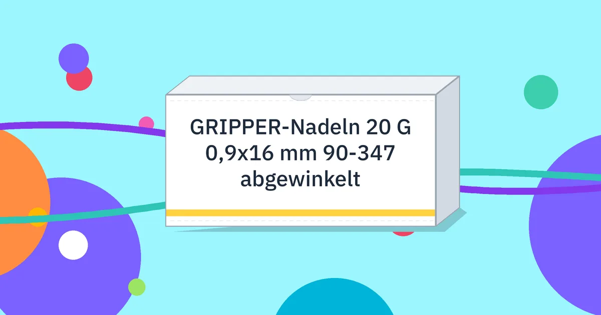 Symbolbild: Packung mit der Aufschrift GRIPPER-Nadeln 20 G 0,9x16 mm 90-347 abgewinkelt (PZN 14287092) – Verfügbarkeit und Bezug in Apotheken in Frankfurt am Main