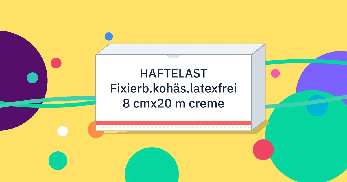 Symbolbild: Packung mit der Aufschrift HAFTELAST Fixierb.kohäs.latexfrei 8 cmx20 m creme (PZN 15998398) – Verfügbarkeit und Bezug in Apotheken in Frankfurt am Main