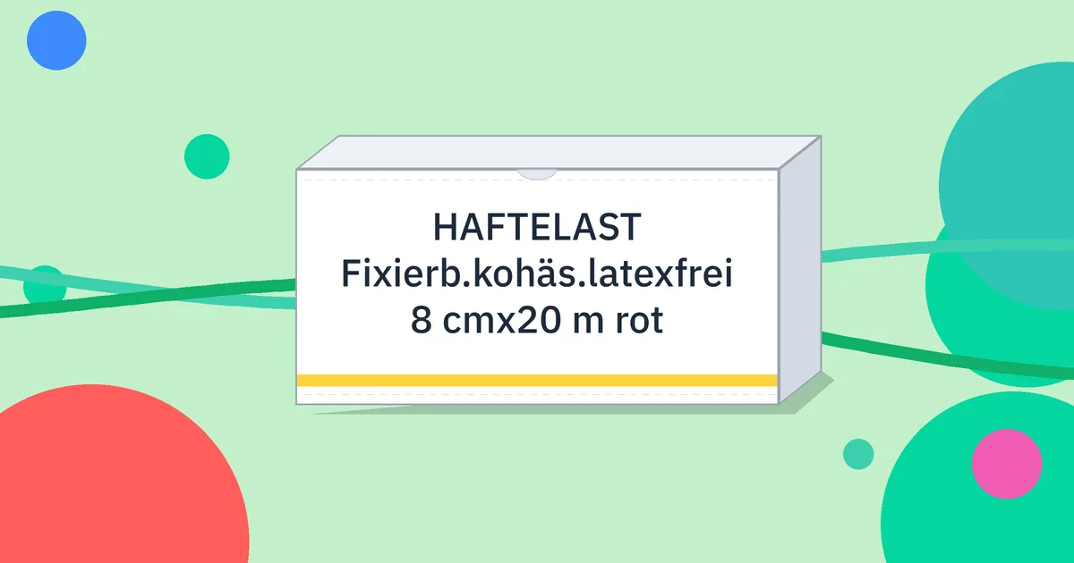 Symbolbild: Packung mit der Aufschrift HAFTELAST Fixierb.kohäs.latexfrei 8 cmx20 m rot (PZN 15998435) – Verfügbarkeit und Bezug in Apotheken in Frankfurt am Main