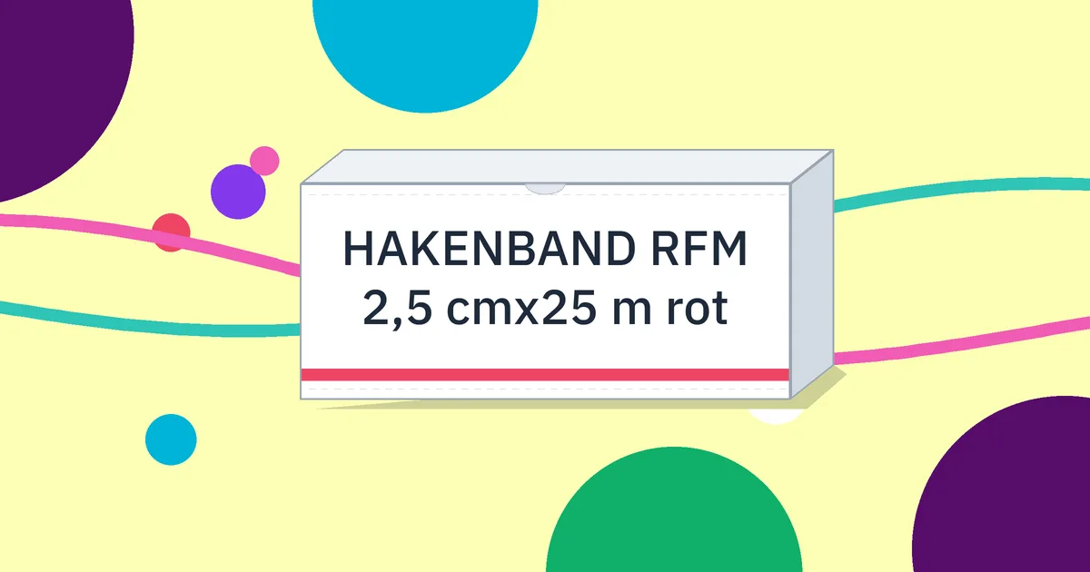 Symbolbild: Packung mit der Aufschrift HAKENBAND RFM 2,5 cmx25 m rot (PZN 06490442) – Verfügbarkeit und Bezug in Apotheken in Frankfurt am Main